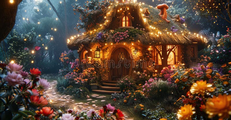 Enchanted Cottage in a Magical Forest Stock Illustration - Illustration ...