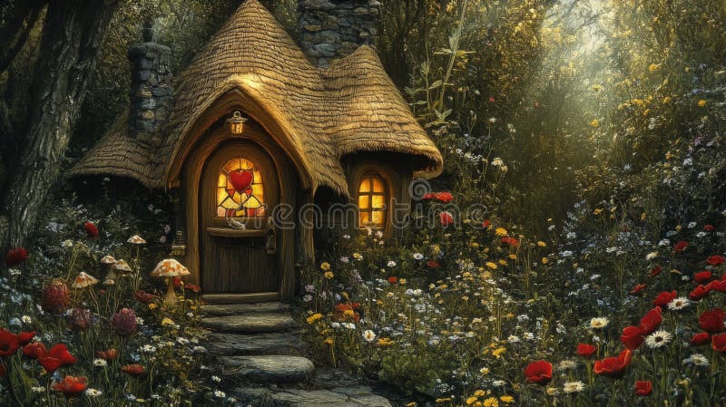 Enchanted Cottage in a Magical Forest at Night Stock Illustration ...