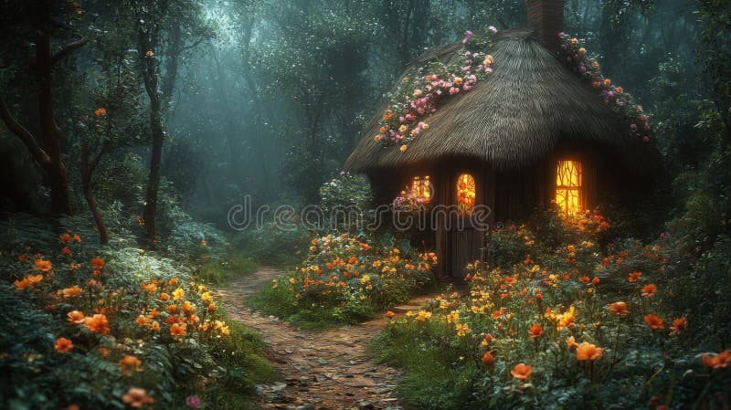Enchanted Cottage Misty Forest Night Stock Photos - Free & Royalty-Free ...