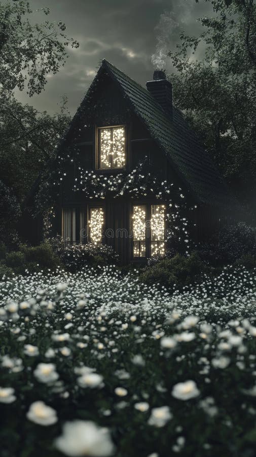 Enchanted Cottage at Night: a Dreamy Scene Stock Illustration ...