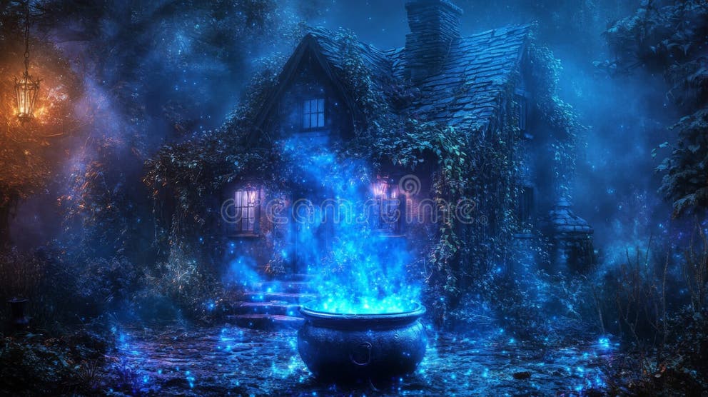 Enchanted Cottage at Night with Glowing Blue Cauldron Stock ...