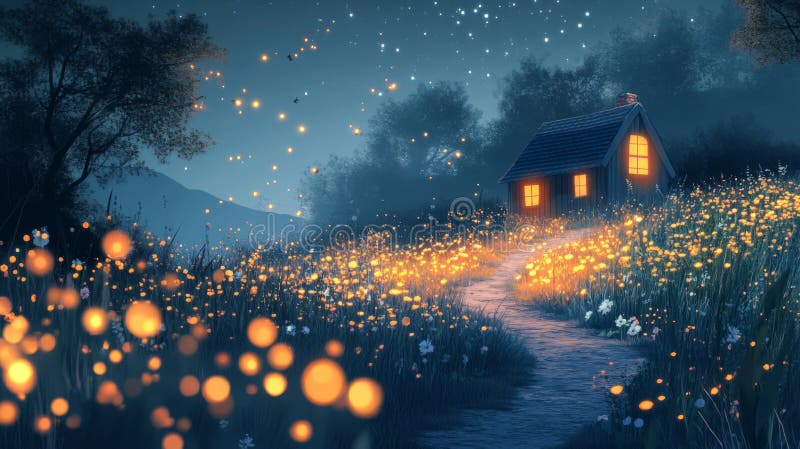 Enchanted Cottage at Night with Glowing Fireflies Stock Illustration ...