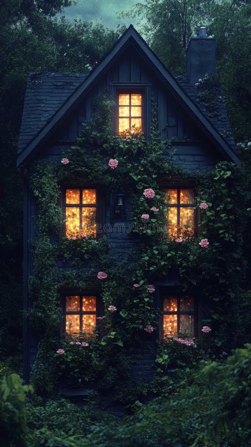 Enchanted Cottage at Night: a Magical Forest Home Stock Illustration ...