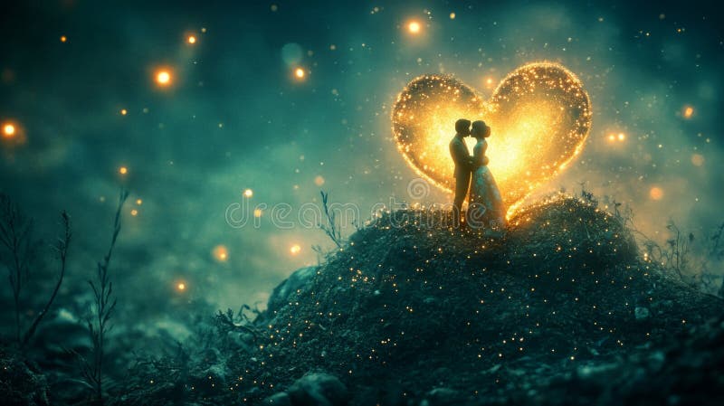 Enchanted Couple Embracing Under a Sparkling Heart Stock Illustration ...