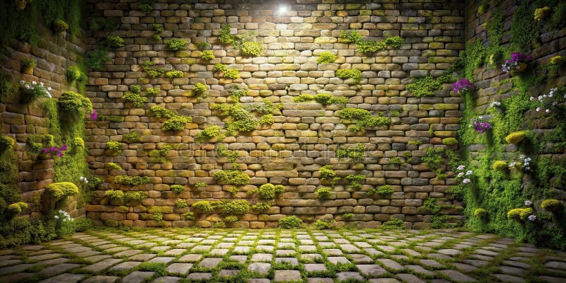 Enchanted Courtyard a Serene Stone Wall Backdrop with Lush Greenery and ...