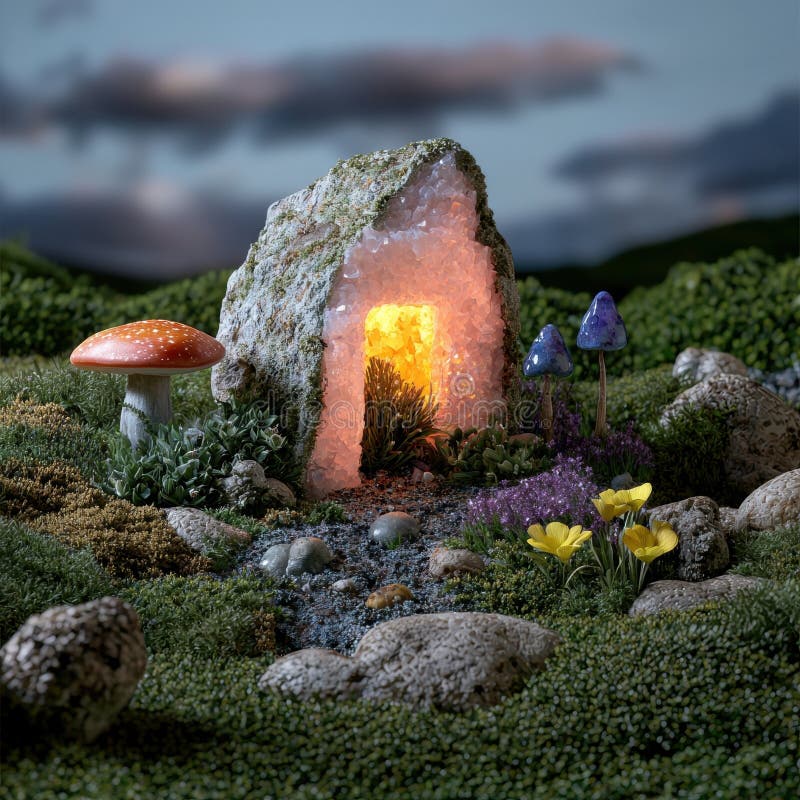 Enchanted Crystal Cave Glowing in a Mystical Forest Scene Stock ...