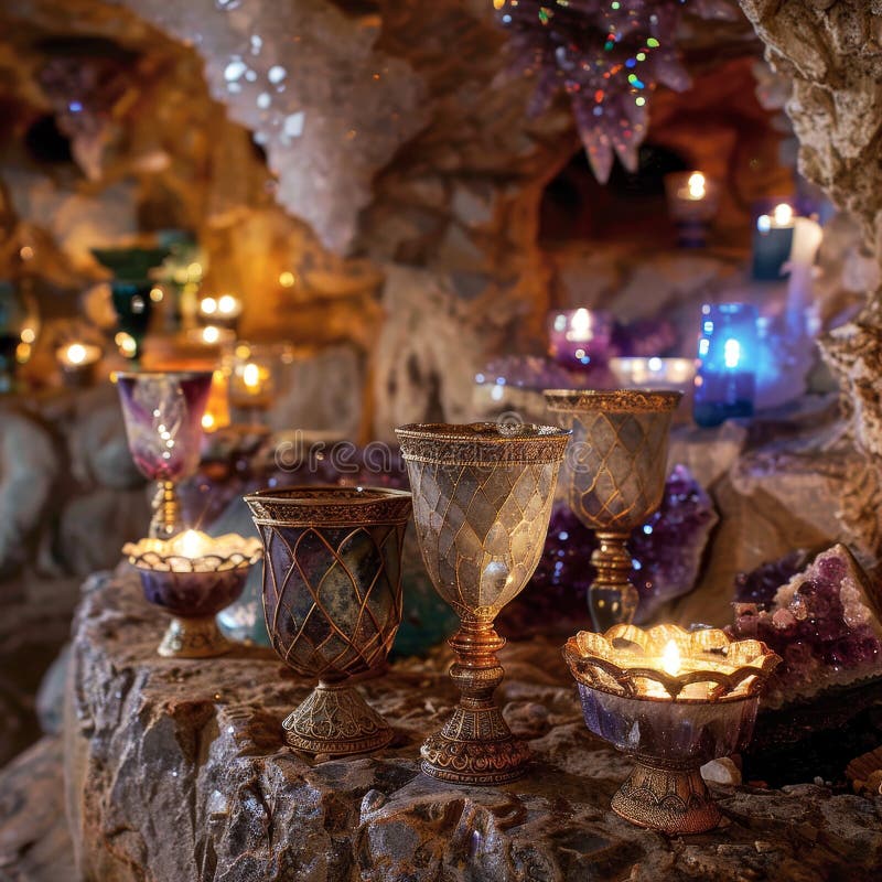 Enchanted Crystal Cave with Illuminated Vintage Goblets Stock ...