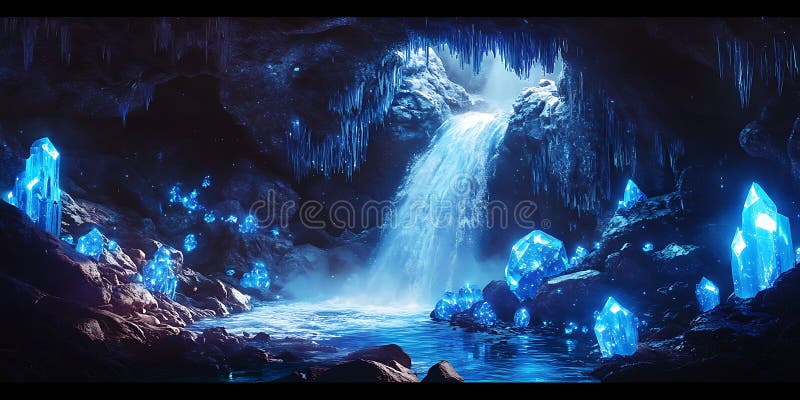 Enchanted Crystal Cave Waterfall Fantasy Background Image Stock ...