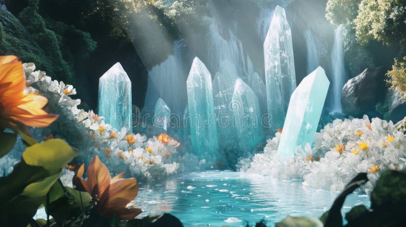 Enchanted Crystal Cave Waterfall with White Flowers Stock Illustration ...