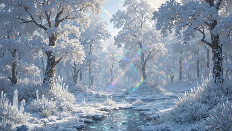 Enchanted Crystal Forest with Silver Pools and Rainbow Reflections ...