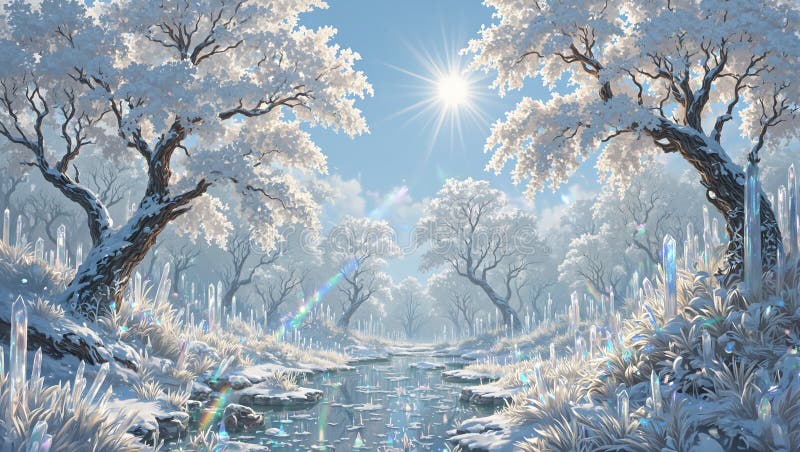 Enchanted Crystal Forest with Silver Pools and Rainbow Reflections ...