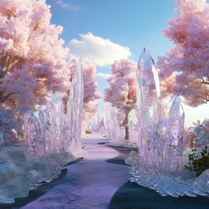 Enchanted Crystal Pathway in a Dreamy Pink Forest Stock Illustration ...