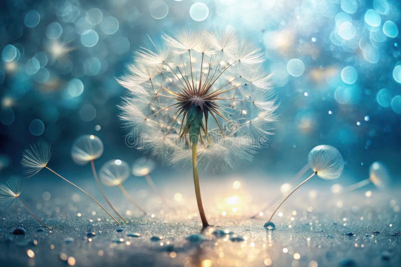Enchanted Dandelion Clock in a Dreamlike Setting with Dewdrops and ...