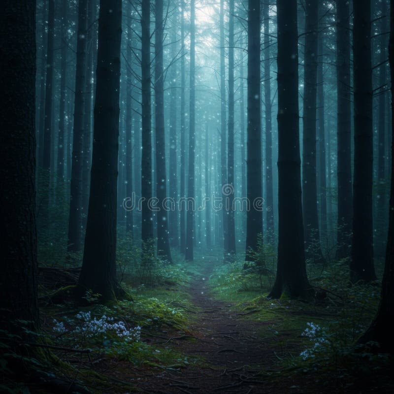 Enchanted Dark Blue Forest Path with Magical Sparkles Stock ...