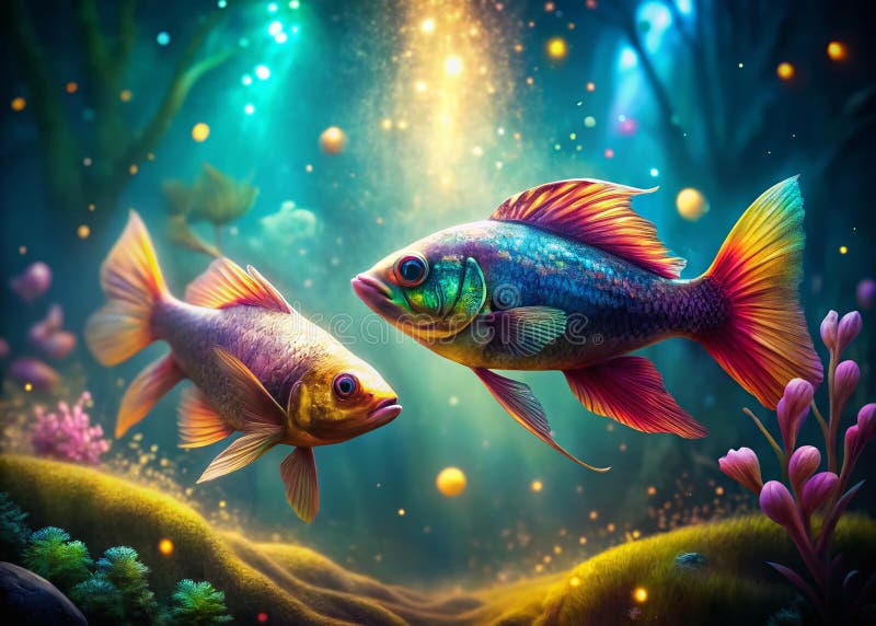 Enchanted Deep Sea a Panoramic View of Two Monochromatic Fish in a ...