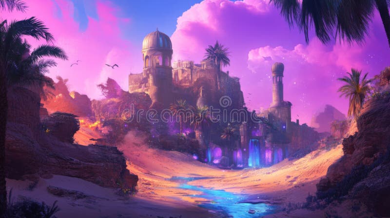 Enchanted Desert Castle at Sunset Stock Illustration - Illustration of ...