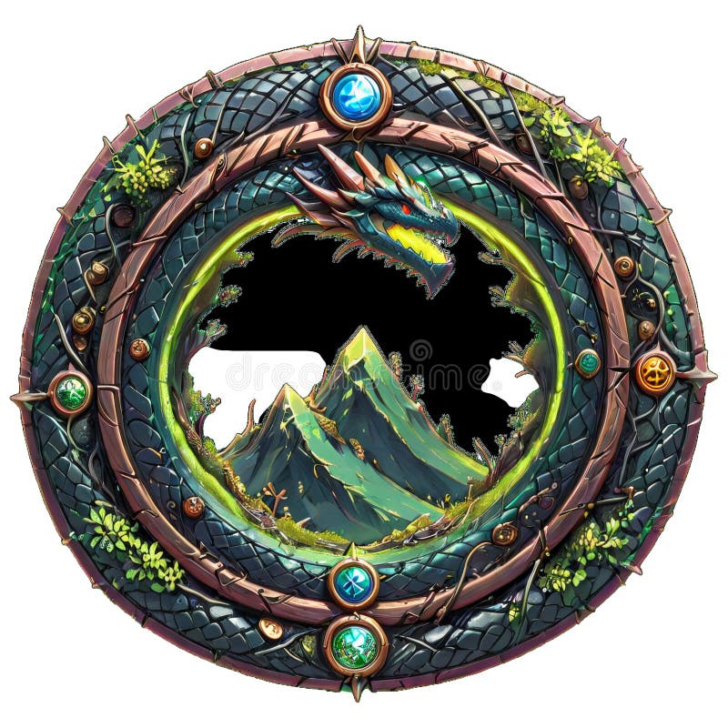 Enchanted Dragon Circle with Lush Mountains and Mystical Symbols Stock ...