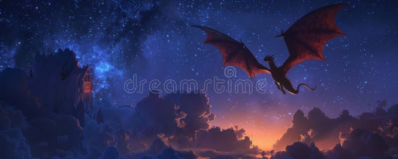 Enchanted Dragon Soaring through the Night Sky Stock Illustration ...