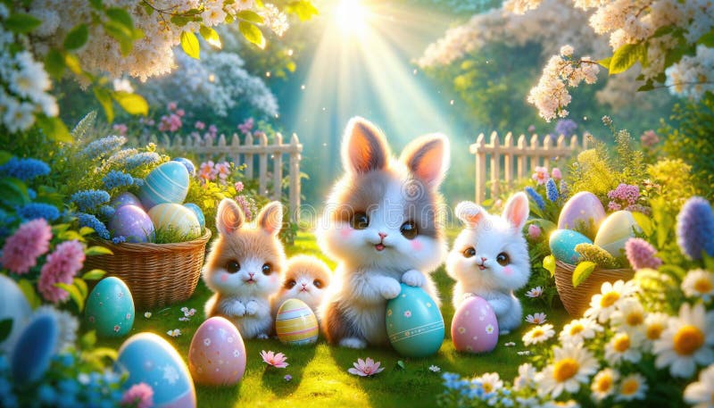 Enchanted Easter Bunnies with Eggs in Magical Garden, Whimsical Spring ...