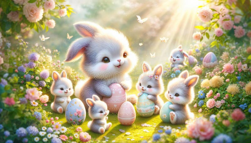Enchanted Easter Bunnies with Eggs in Magical Garden, Whimsical Spring ...