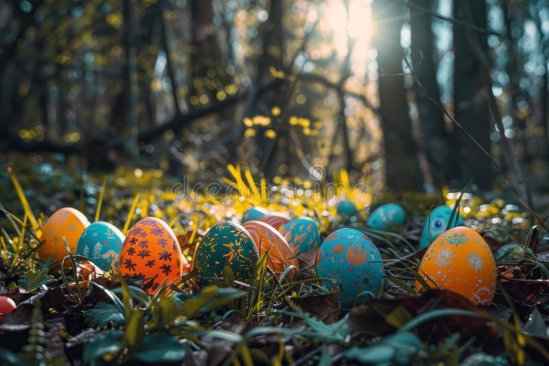 Enchanted Easter Egg Hunt in Forest Stock Illustration - Illustration ...