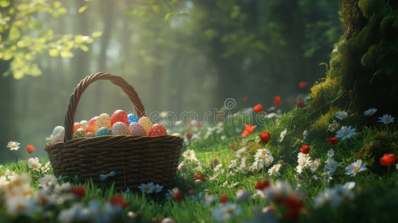 Enchanted Easter Egg Hunt in a Sunlit Spring Forest Stock Illustration ...