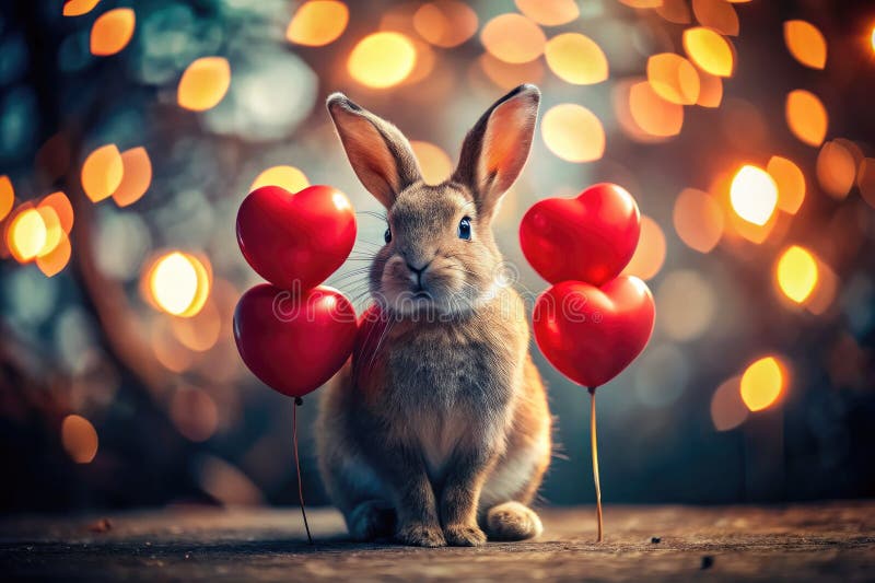 Enchanted Easter Eve an Adorable Bunny with Red Heart Balloons in a ...