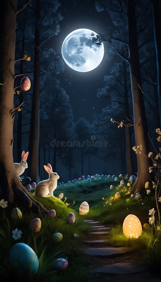 Enchanted Easter Night Bunnies and Eggs in Forest Under Moonlight Stock ...