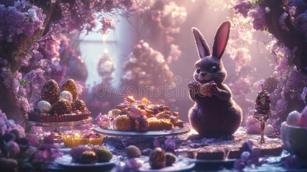 Enchanted Easter Rabbit Amidst Purple Blossoms and Sweets Stock ...