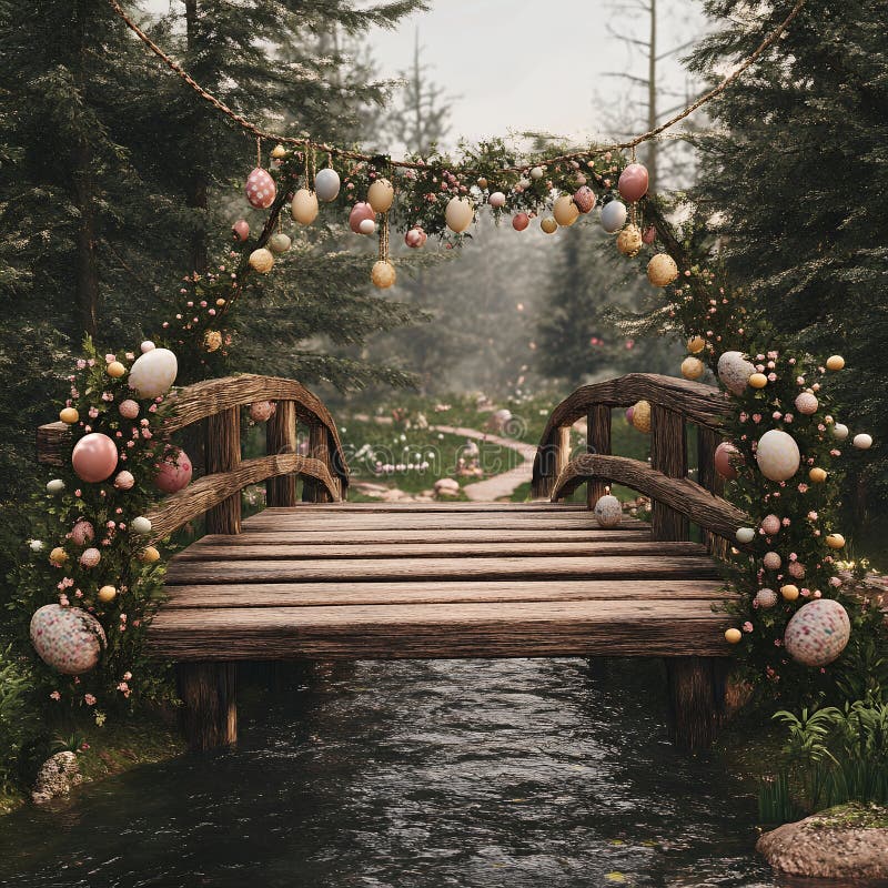 Enchanted Easter Wooden Bridge Springtime Forest Pastel Eggs Art Path ...