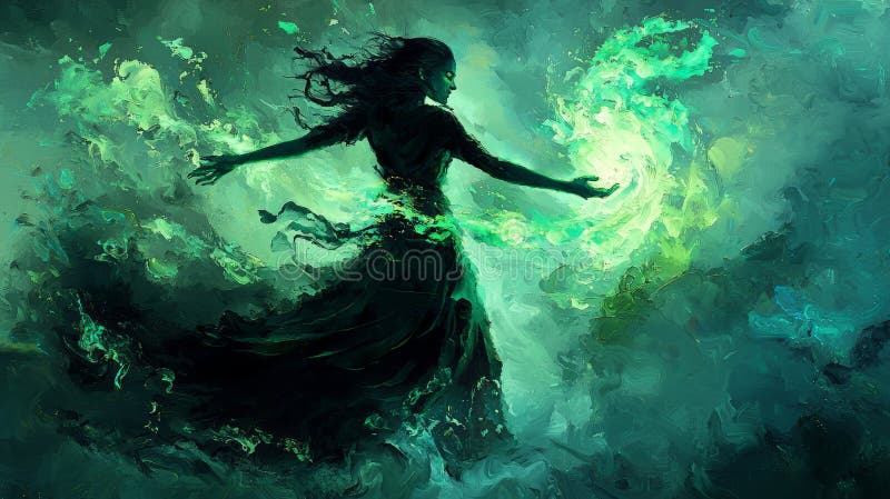 An Enchanted Elf Lady Invoking a Spell Using Emerald-colored Magic ...