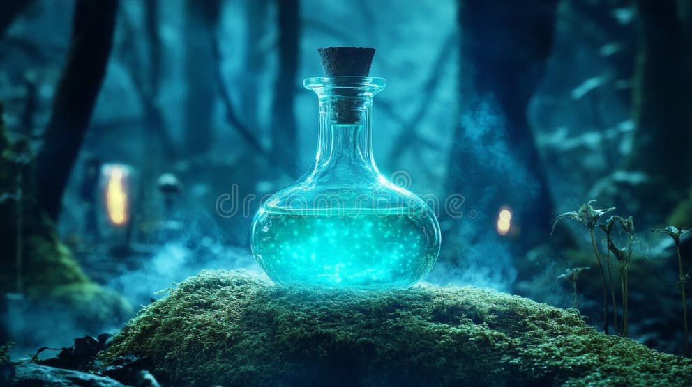 Enchanted Elixir Glowing Potion Bottle in a Mystical Forest Background Stock Illustration ...