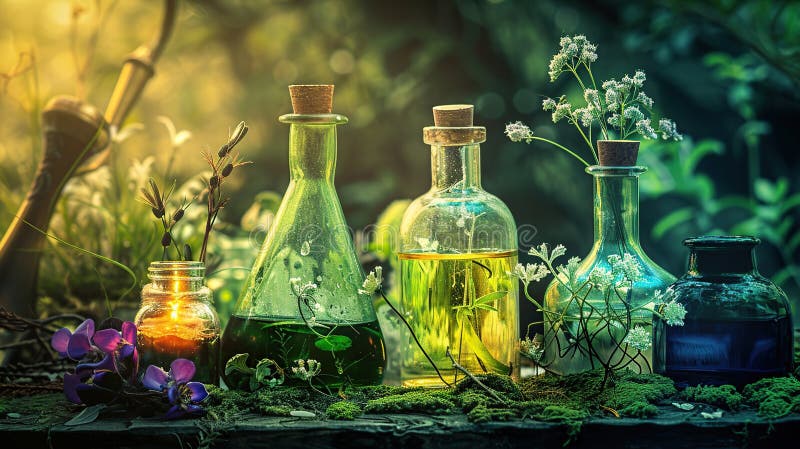 Enchanted Elixirs, Glass Bottles of Magic Potions in the Magical Forest ...