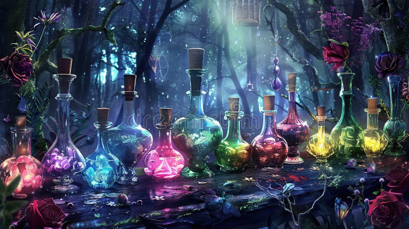 Enchanted Elixirs, Glass Bottles of Magic Potions in the Magical Forest ...