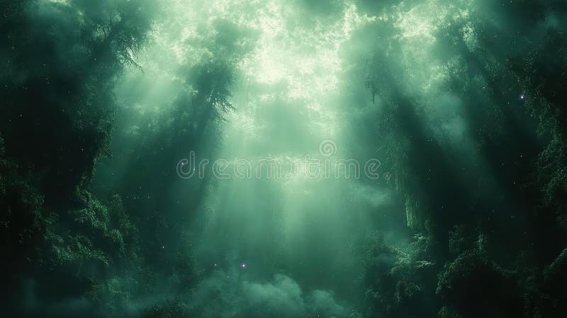 Enchanted Emerald Forest: Sunbeams Dance through Mystical Trees Stock ...