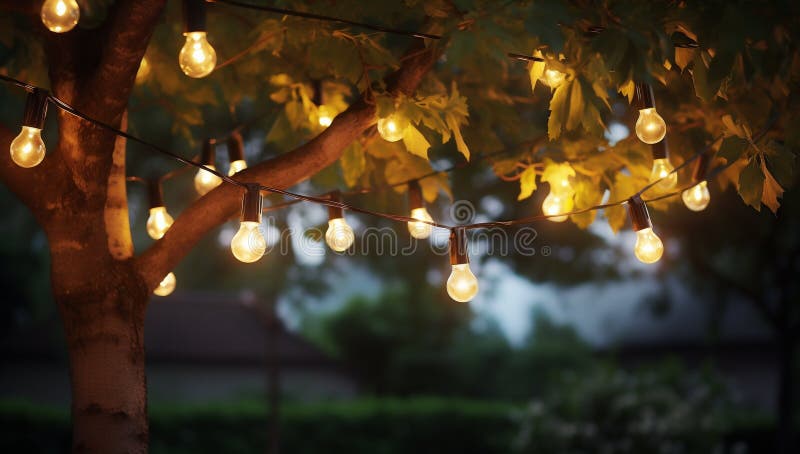 Enchanted Evening: Decorative String Lights Adorning Garden Trees ...