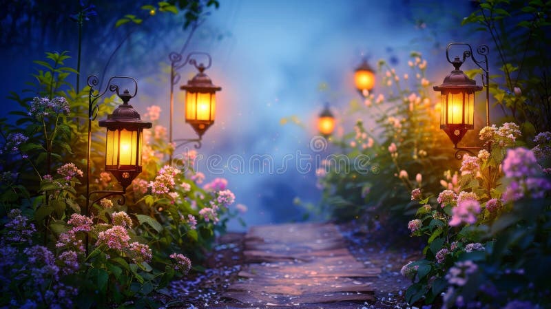 Enchanted Evening Garden Path with Vintage Lanterns Stock Photo - Image ...