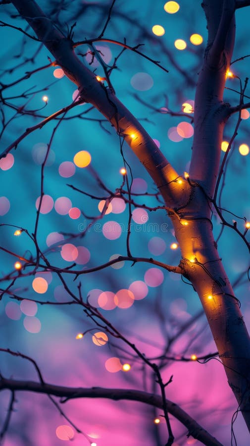 Enchanted Evening Lights on Bare Winter Tree Branches. Vertical ...