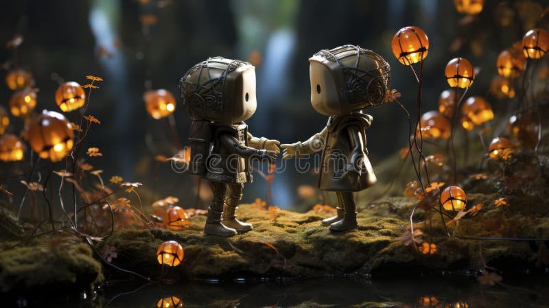 Enchanted Evening, Robot Couple in Mystical Forest with Lanterns Stock ...