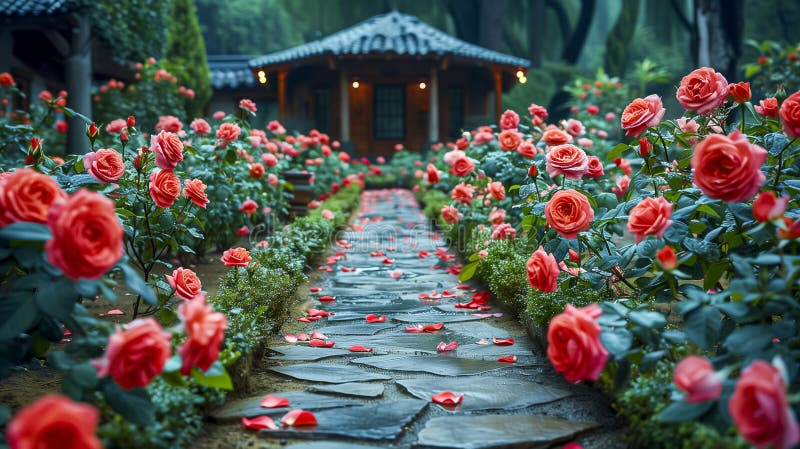 Enchanted Evening at the Rose-Lined Cottage Path Stock Illustration ...