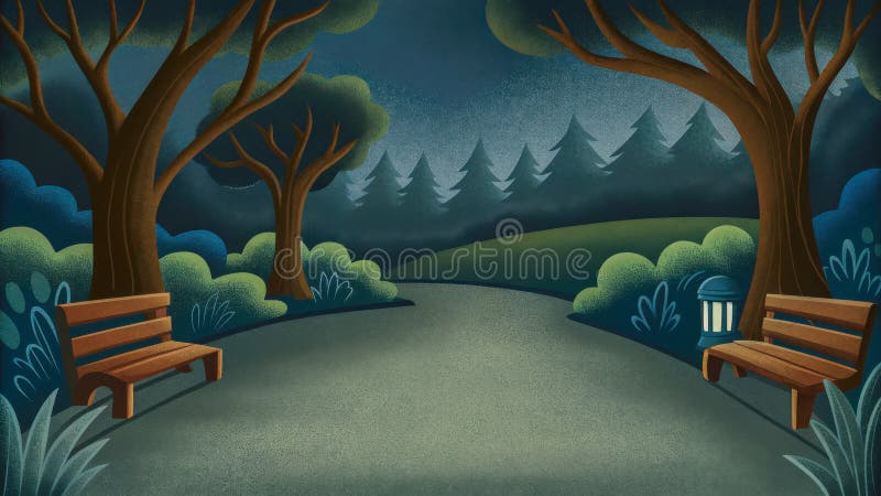 Enchanted Evening in a Serene Park with Empty Benches and Gentle Forest ...