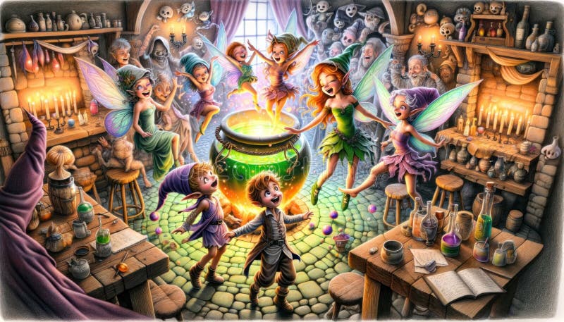 Enchanted Fairies and Wizard Brewing Potion in a Magical Workshop Stock ...