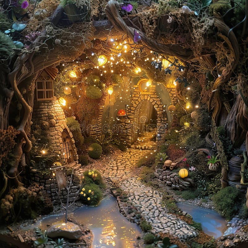 Enchanted Fairy Cave with Twinkling Lights Stock Illustration ...