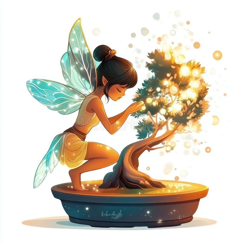 Enchanted Fairy and Glowing Bonsai Tree Illustration Stock Illustration ...