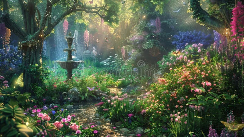 Enchanted Fairytale Garden with Lush Vibrant Flowers and Winding Paths ...