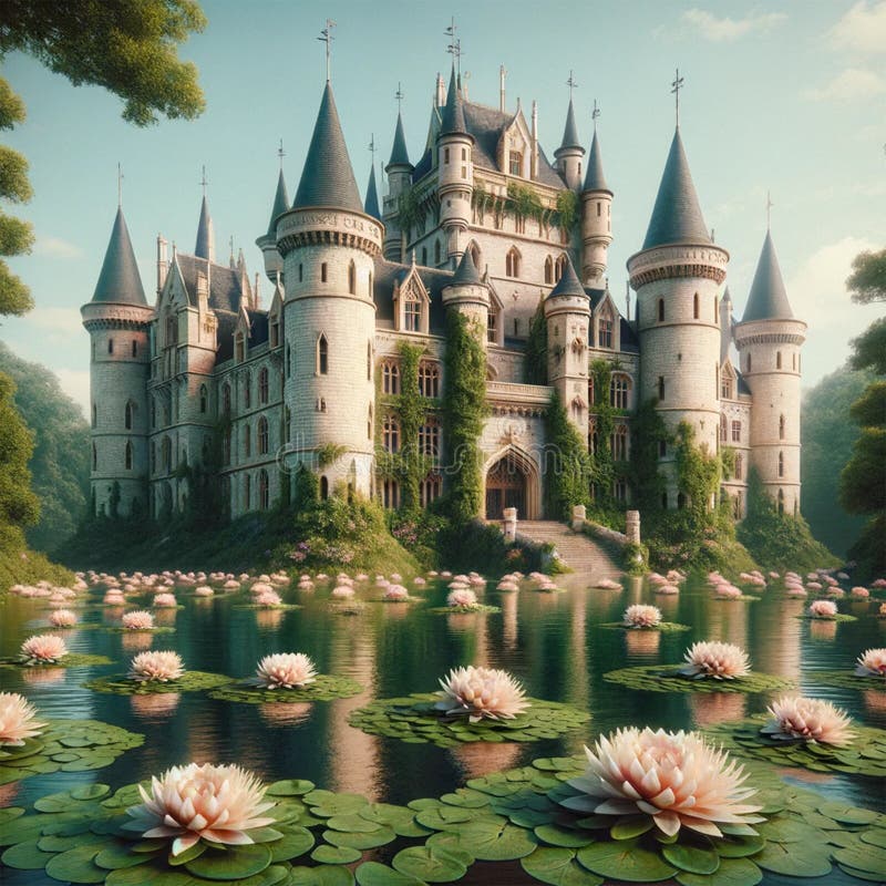 Enchanted Fantasy Castle Amidst a Blooming Moat Stock Illustration ...