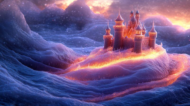 Enchanted Fantasy Castle on Snowy Hills at Night Stock Illustration ...