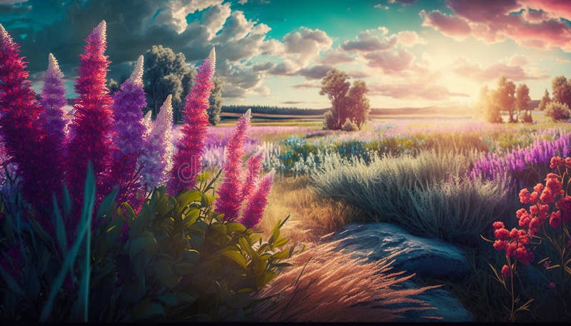 Fantasy Summer Meadow, Colorful Flowers and Open Fields, Generative AI ...