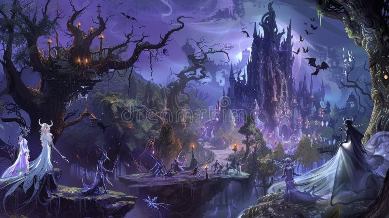 Enchanted Fantasy Forest with Magical Creatures and Elven Castle Stock ...