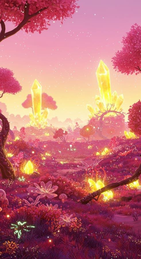 Enchanted Fantasy Landscape with Glowing Crystals in a Vibrant Sunset ...